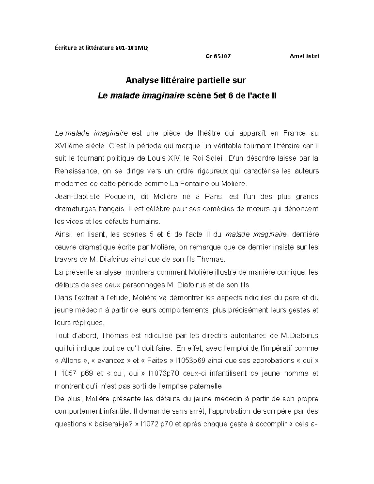 Analyse Littéraire Partielle Le Malade Imaginaire - 601-101-MQ ÉCRITURE ...