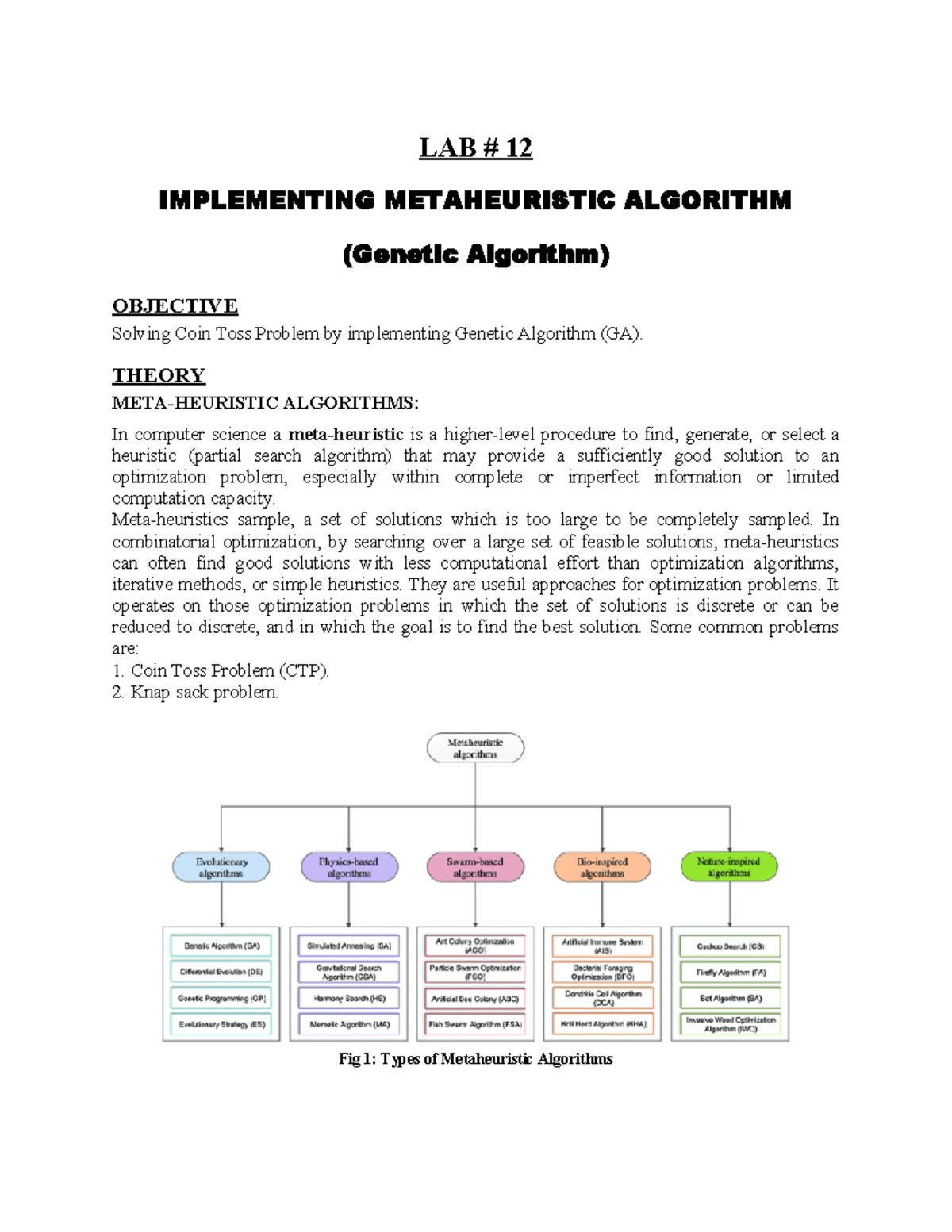 LAB - lab manual - LAB # 12 IMPLEMENTING METAHEURISTIC ALGORITHM (Genetic Algorithm) OBJECTIVE ...