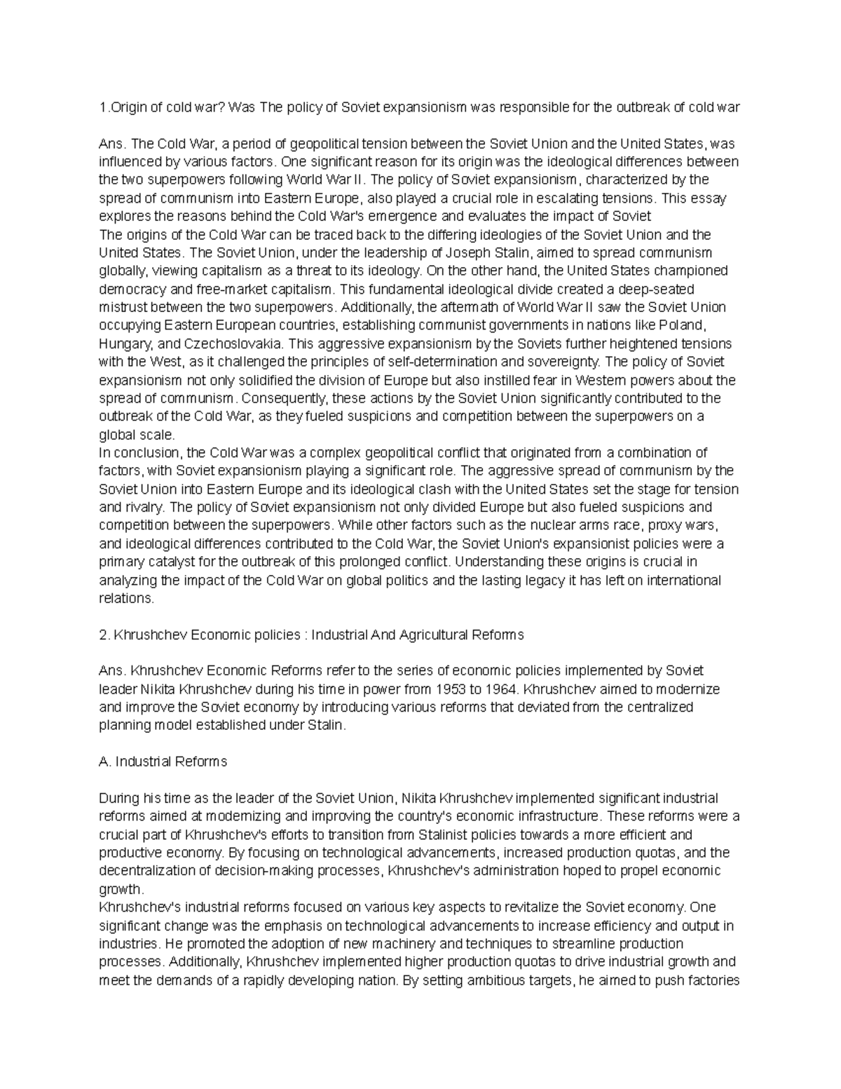 USSR - Notes - 1 of cold war? Was The policy of Soviet expansionism was ...