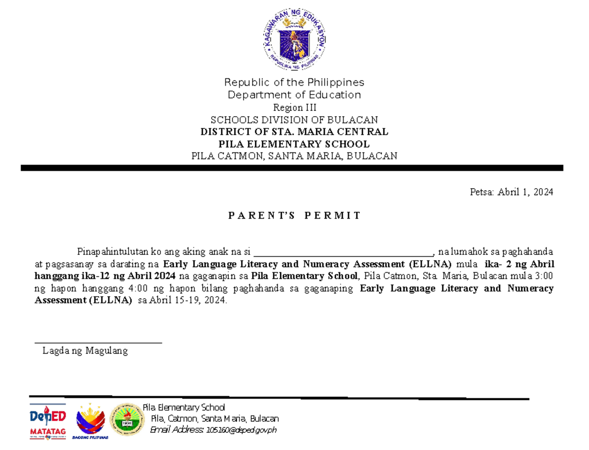 Parents-permit-1 - parents permit - Pila Elementary School Pila, Catmon ...