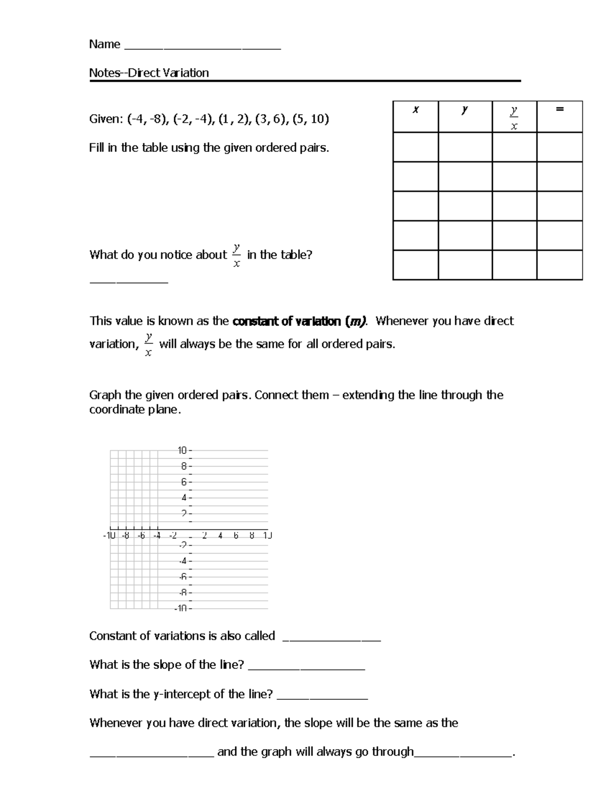 Notes Direct Variation - Name ________________________ Notes-Direct ...