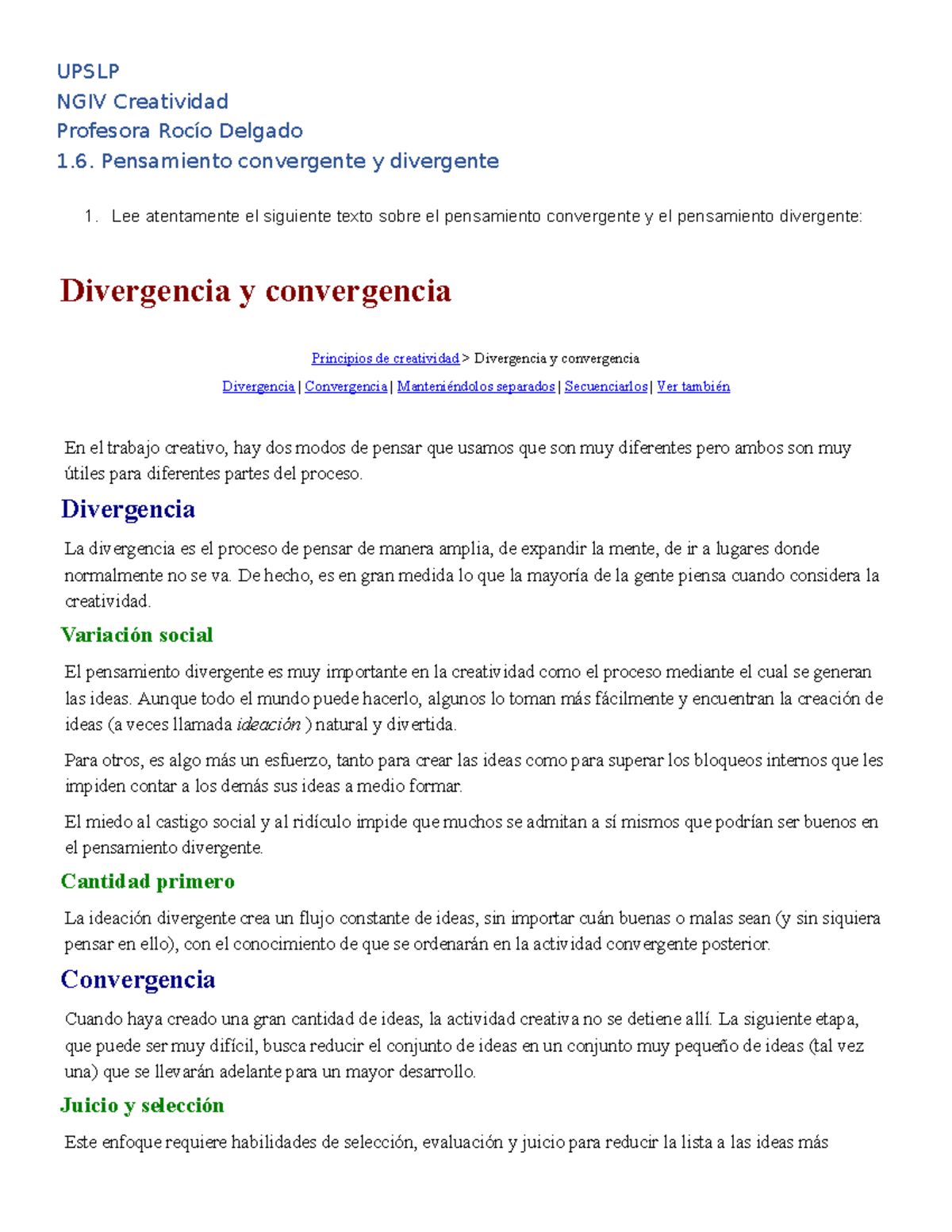 1.6.Tipos de pensamiento (convergente divergente) - UPSLP NGIV Creatividad Profesora Rocío ...