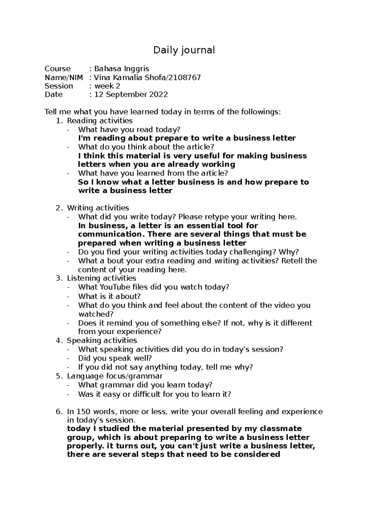 Daily journal at English Course to reflect student's understanding ...