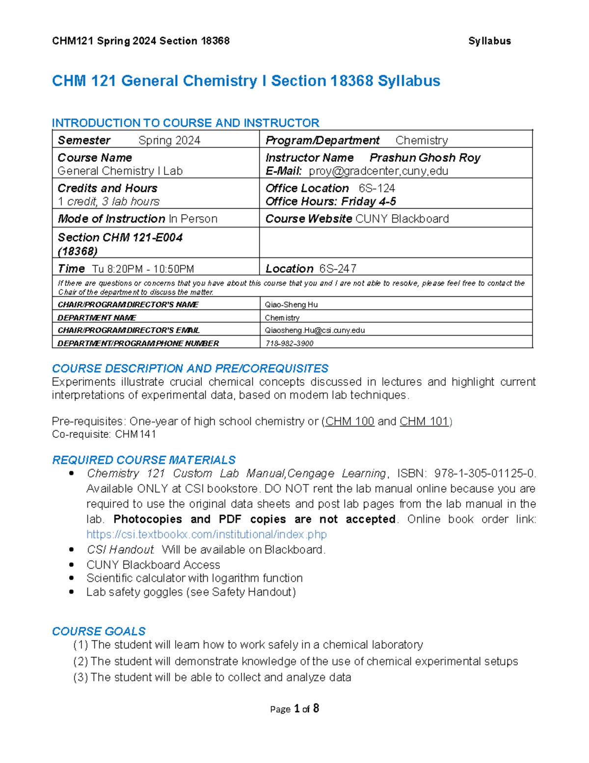 CHM 121 Syllabus CSI-Template-Spring 2024 18368 - CHM 121 General ...