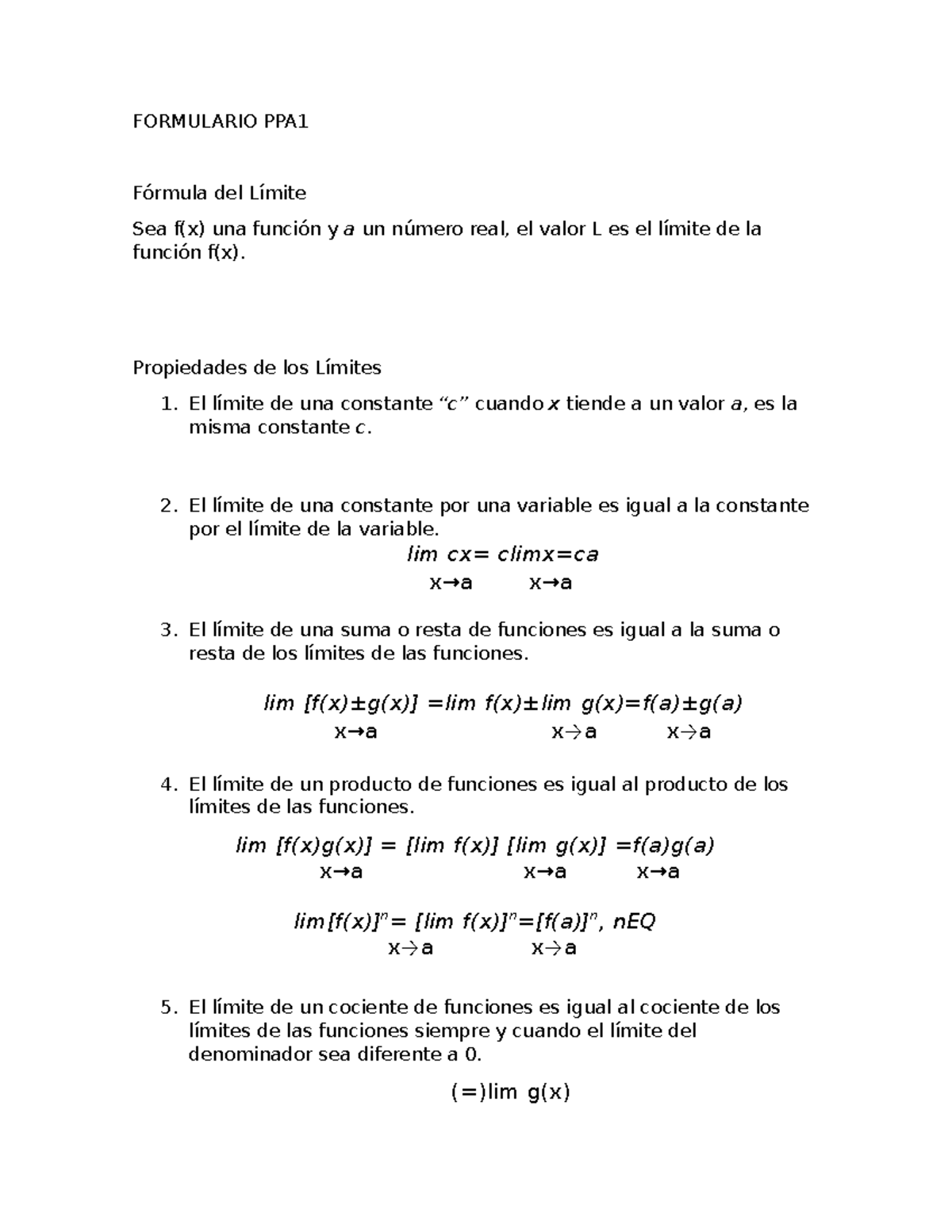 Formulario PPA1 Cálculo - FORMULARIO PPA Fórmula del Límite Sea f(x ...