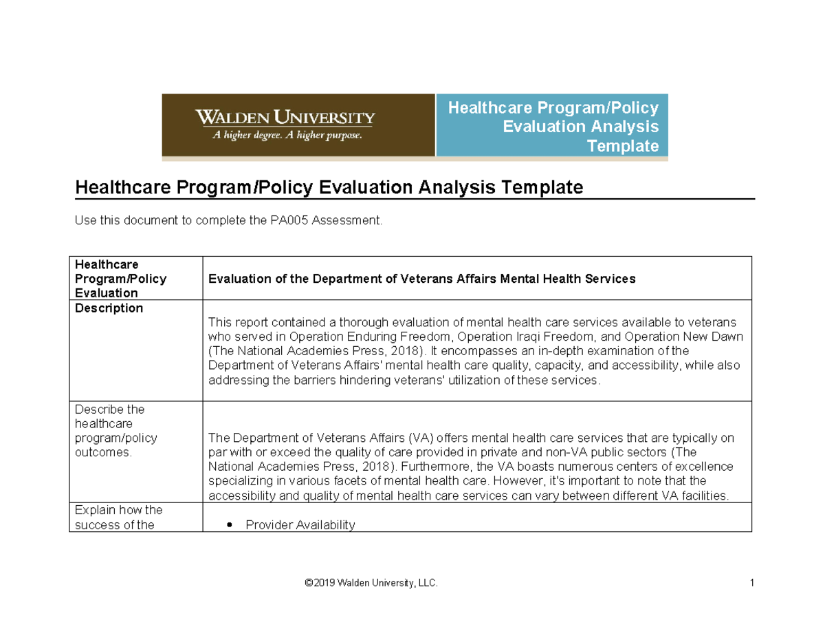 PA005 Evaluation Analysis Updated - Healthcare Program/Policy Evaluation Analysis Template Use ...