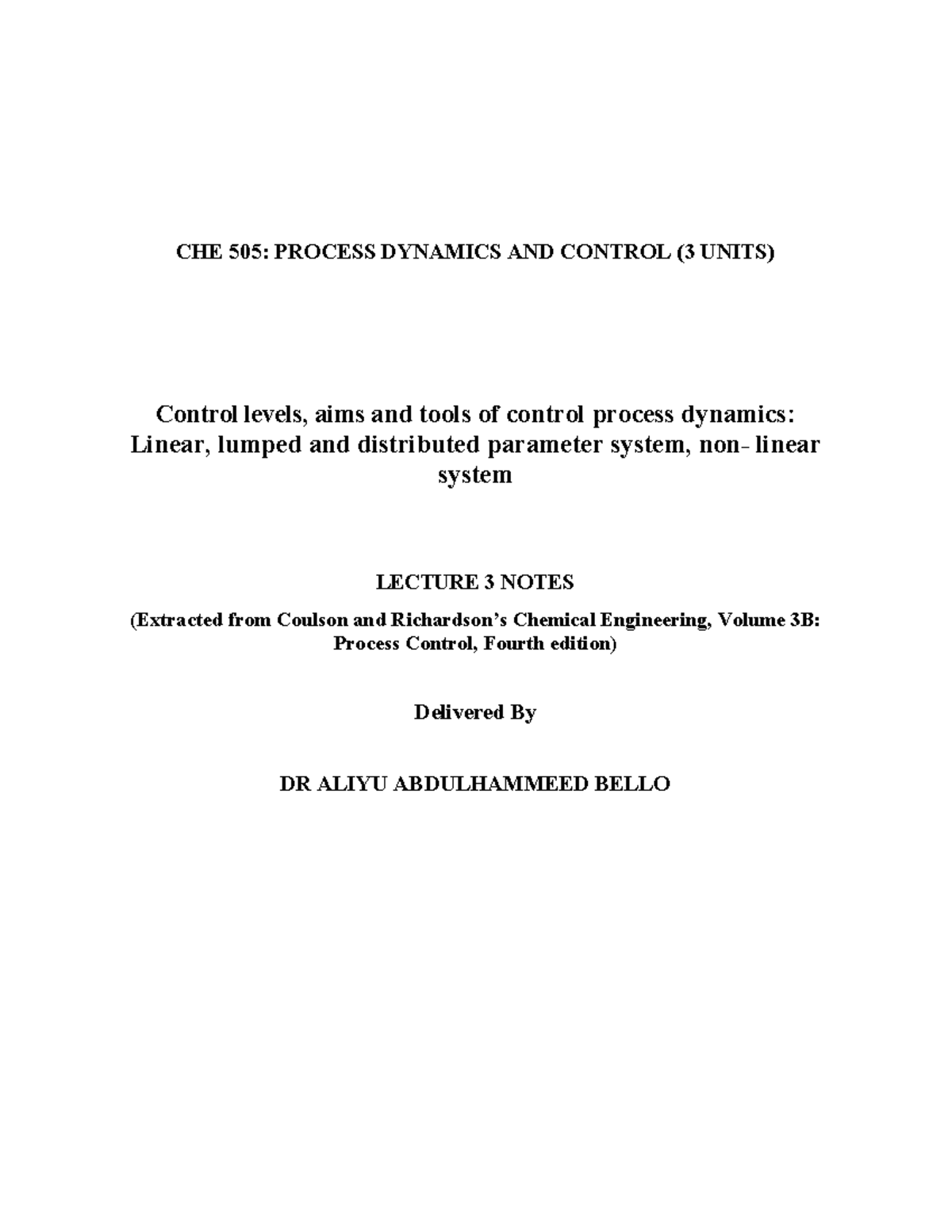 CHE 505 Lecture 3 - Process Control 2 - Chemical Engineering - CHE 505 ...