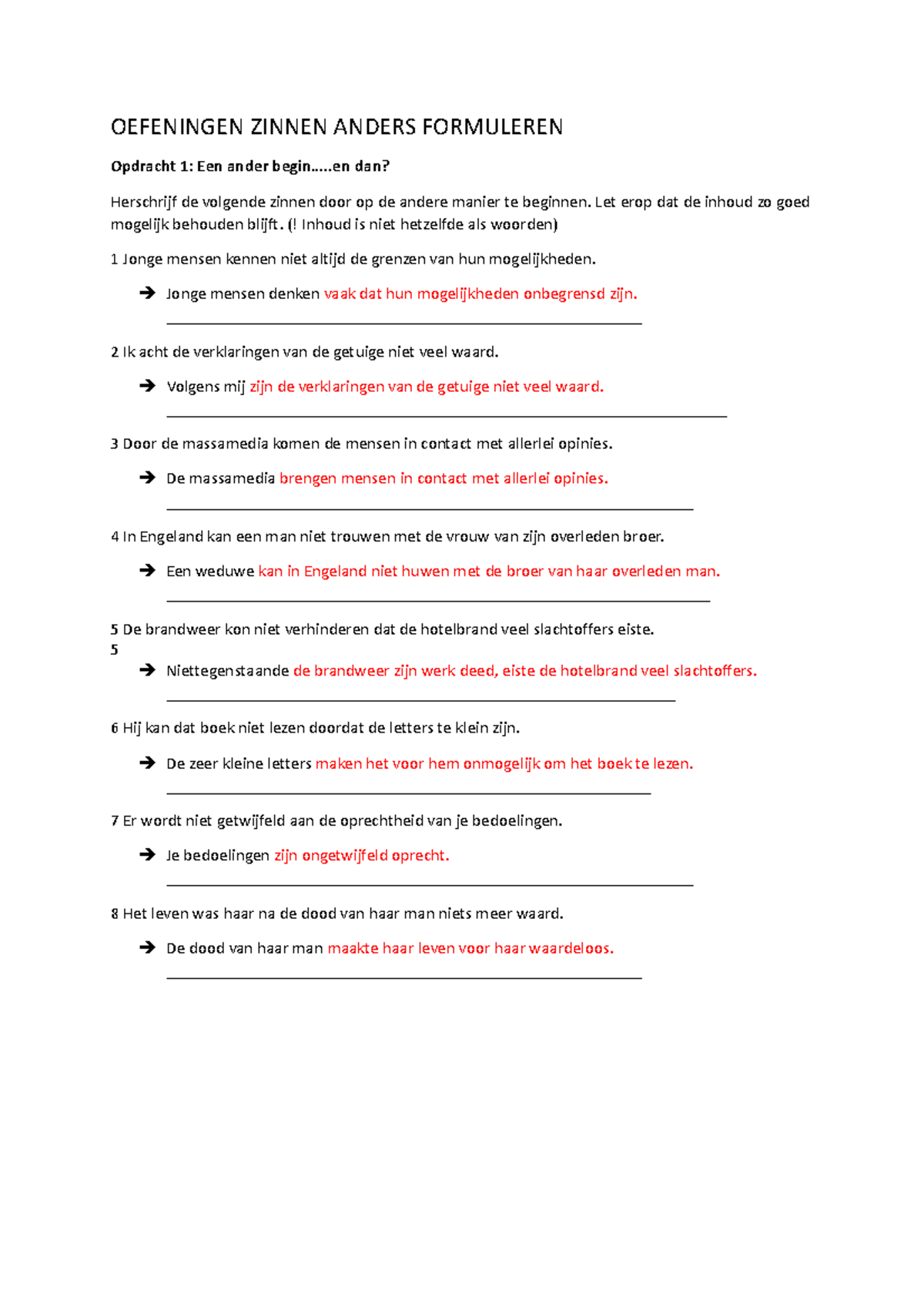 Oefeningen Zinnen Anders Formuleren- verbetersleutel - OEFENINGEN ...