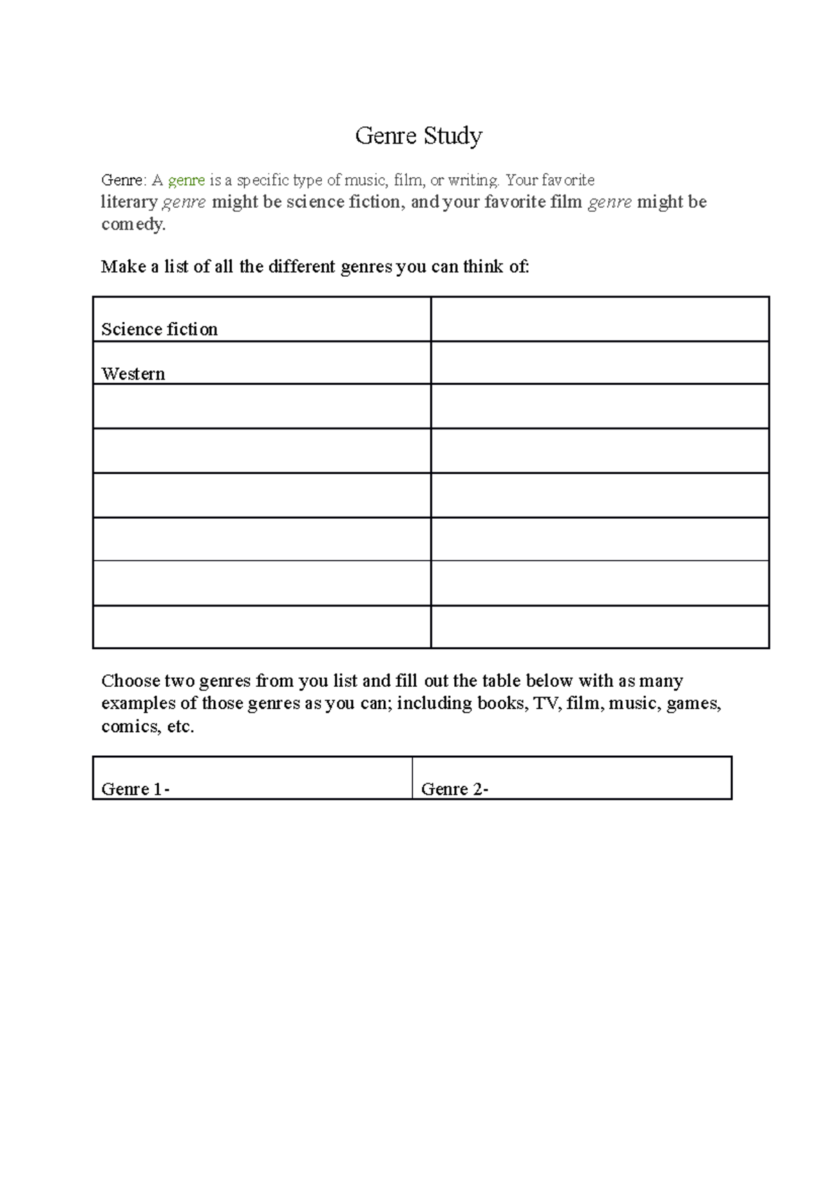 Genre Study Introduction - Genre Study Genre: A genre is a specific ...