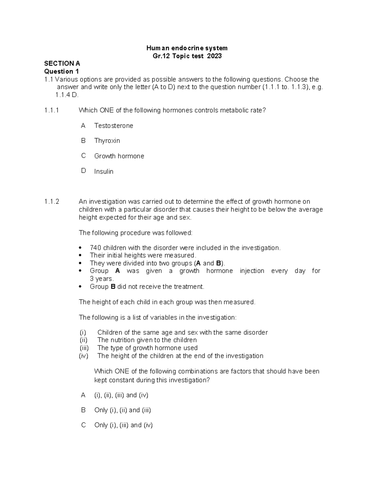 Human endocrine system Topic test 2023 - Human endocrine system Gr ...