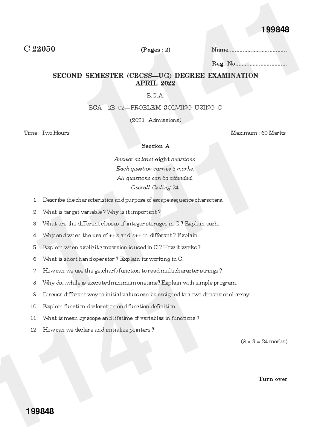 BCA Psc April 2022 - Previous Year question paper - Turn over C 22050 ...