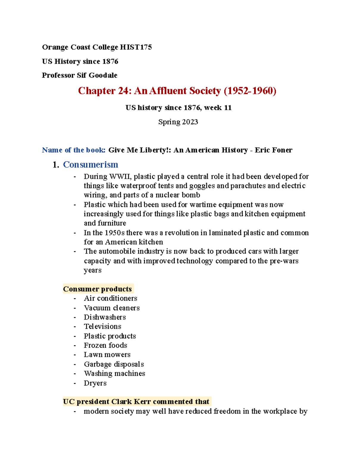 Week 11 Note Chapter 24 An Affluent Society (1952-1960) - Orange Coast ...