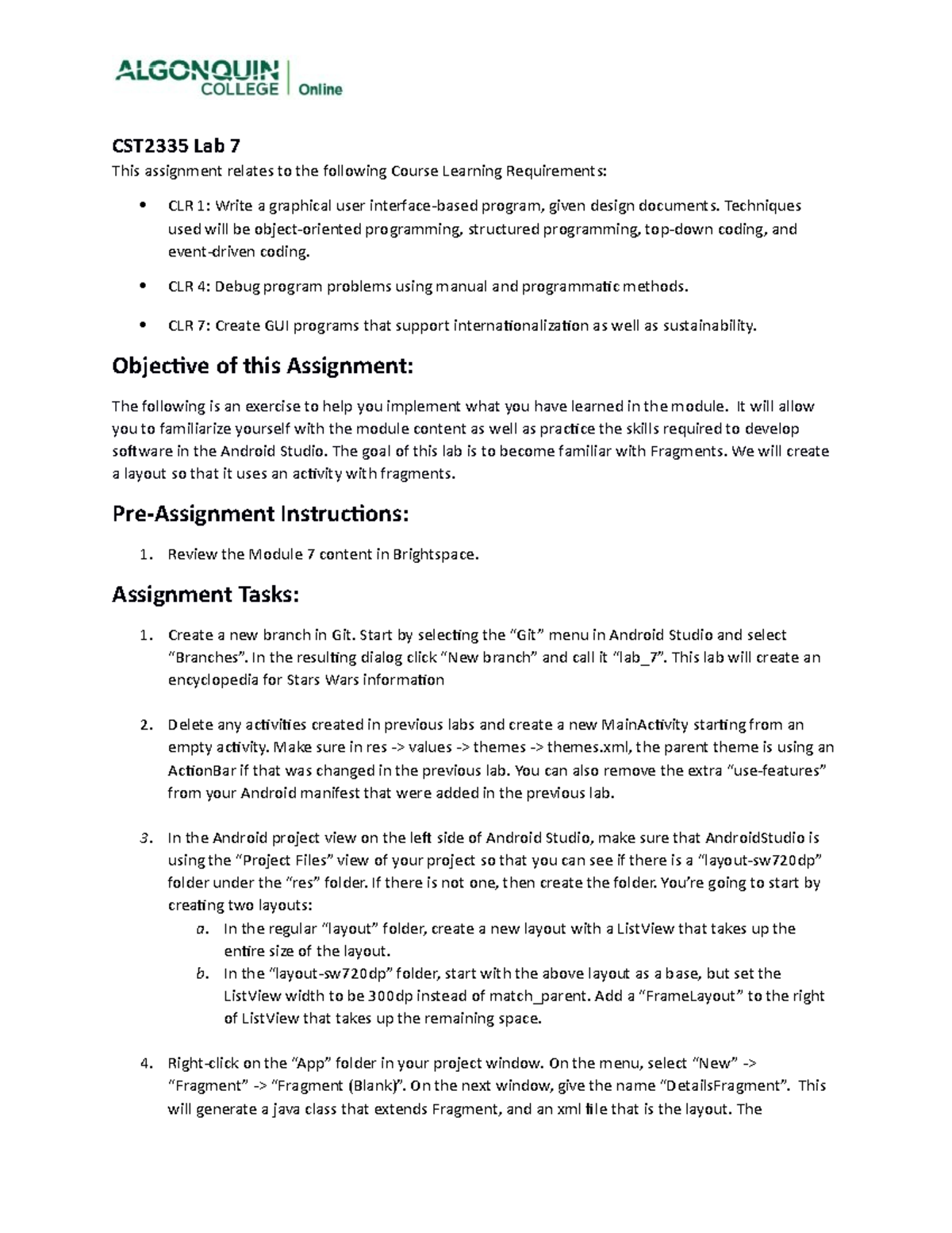 CST2335 Lab7a - This assignment relates to the following Course ...