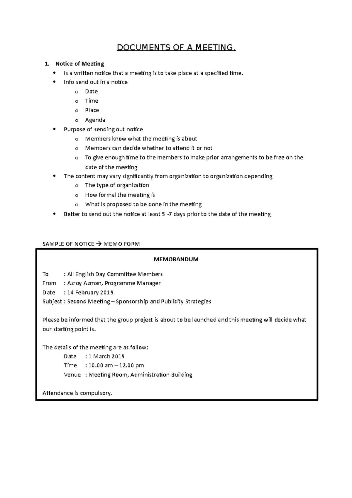 Documents of a meeting - DOCUMENTS OF A MEETING. Notice of Meeting Is a ...