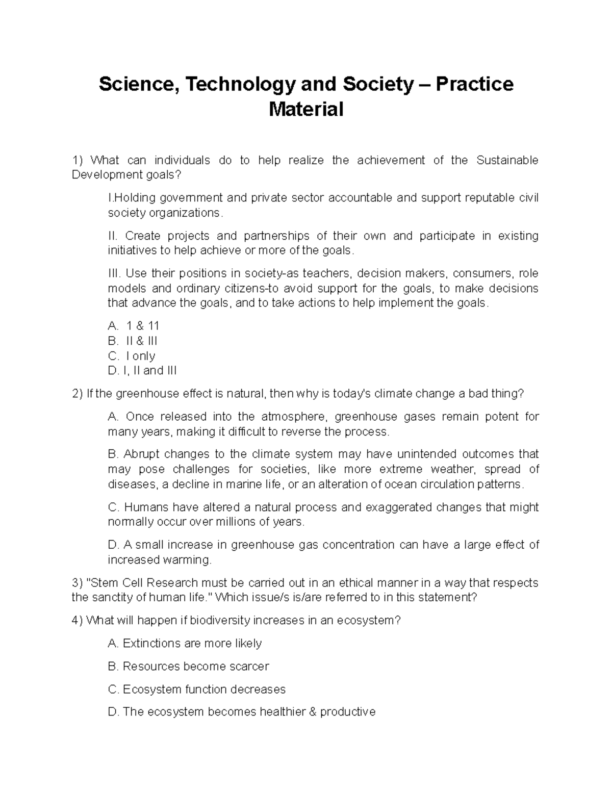 Science, Technology and Society – Practice Material - II. Create ...