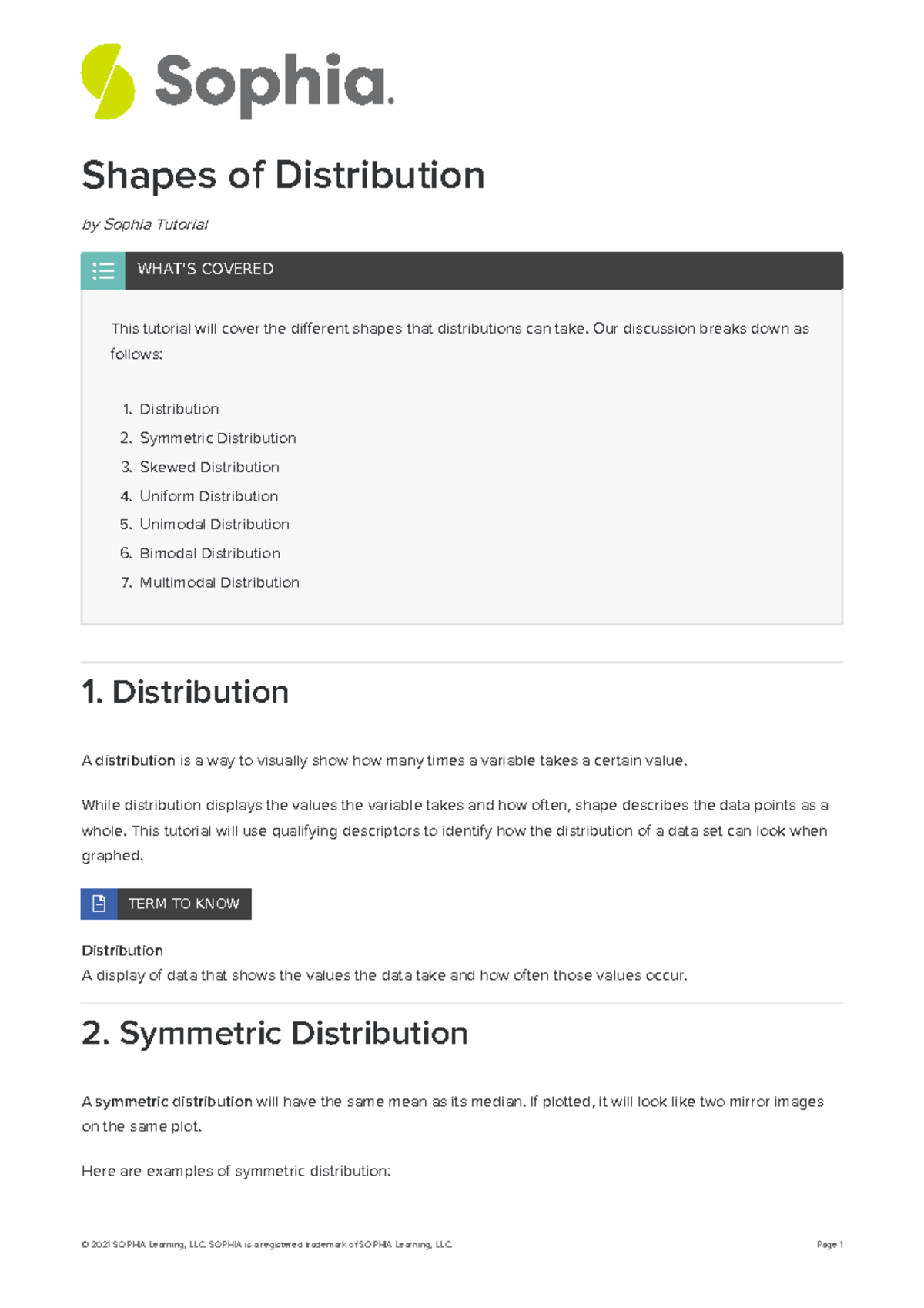 Shapes distribution - notes - Shapes of Distribution by Sophia Tutorial ...