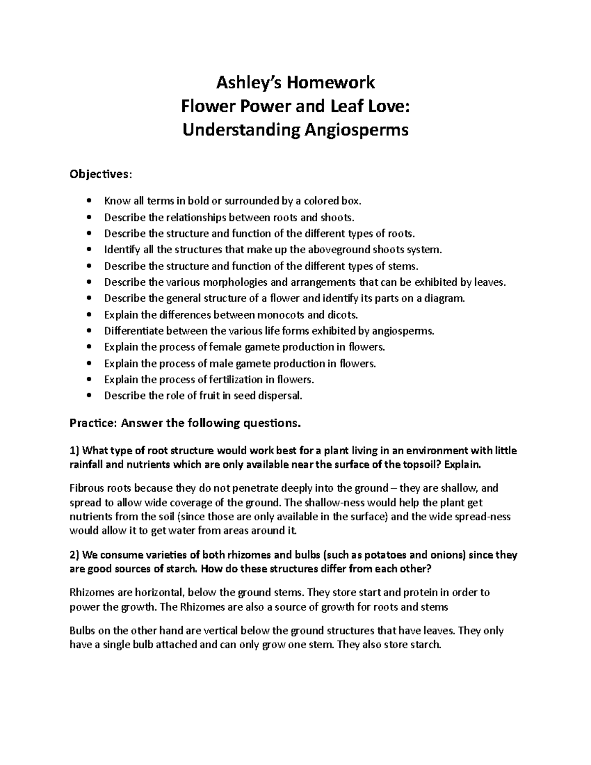 Bio 221 Angiosperm Worksheet - Ashley’s Homework Flower Power and Leaf ...