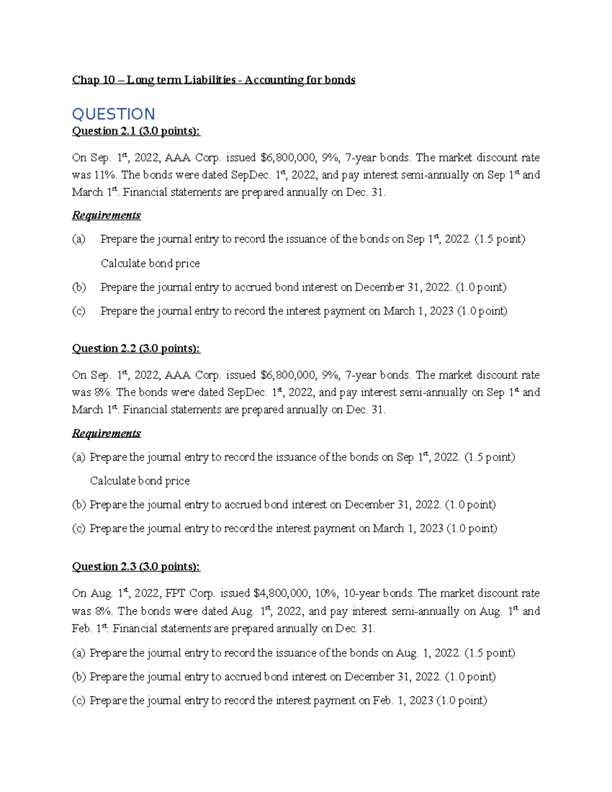 Chap 10 Bond Accounting Question - Chap 10 – Long term Liabilities ...