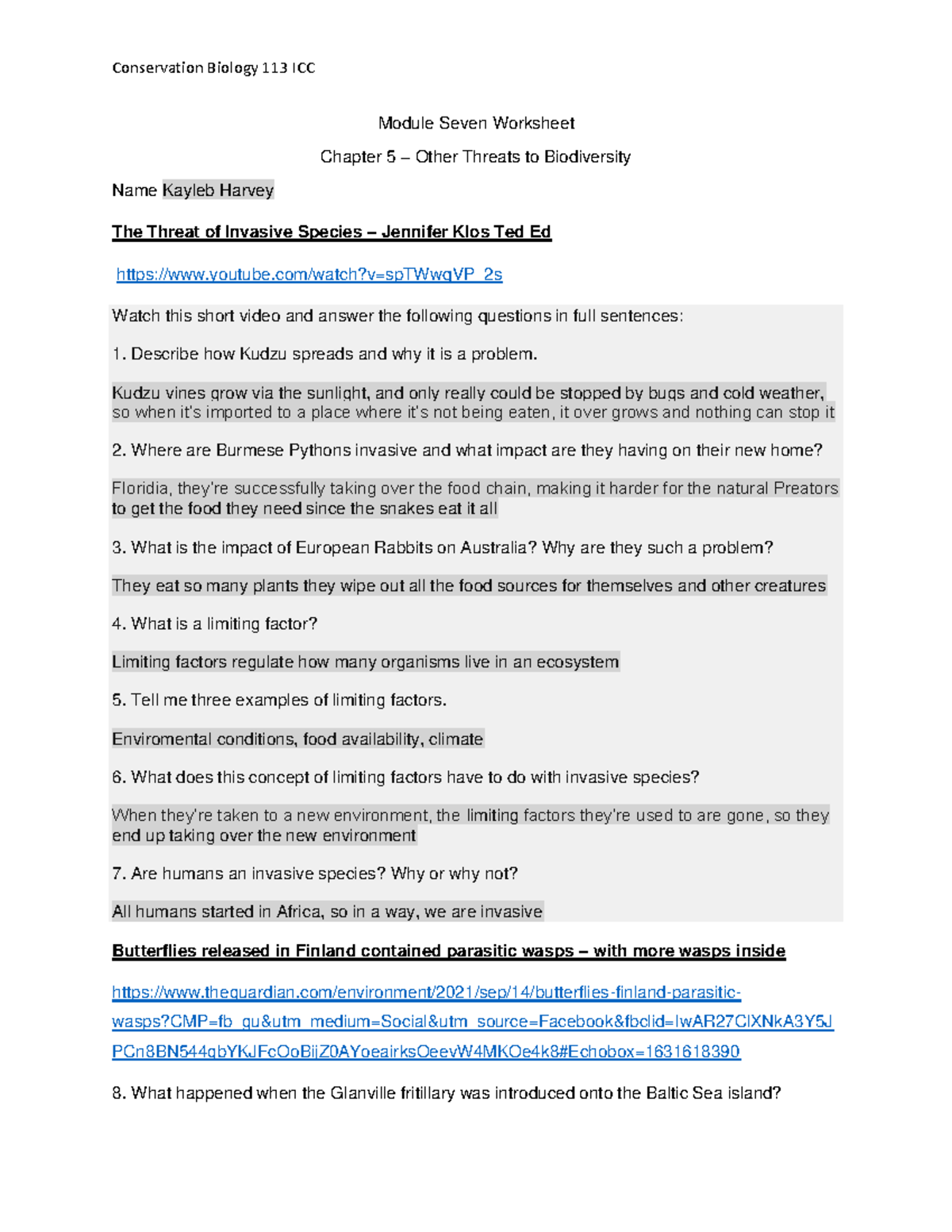 Module Seven Worksheet Revised Fall 2021 1 - Conservation Biology 113 ...
