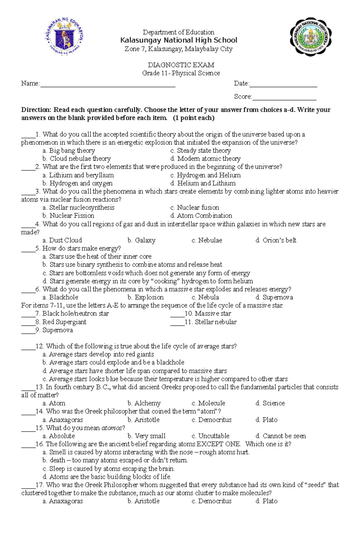 Diagnostic Physical Science - DIAGNOSTIC EXAM Grade 11- Physical ...