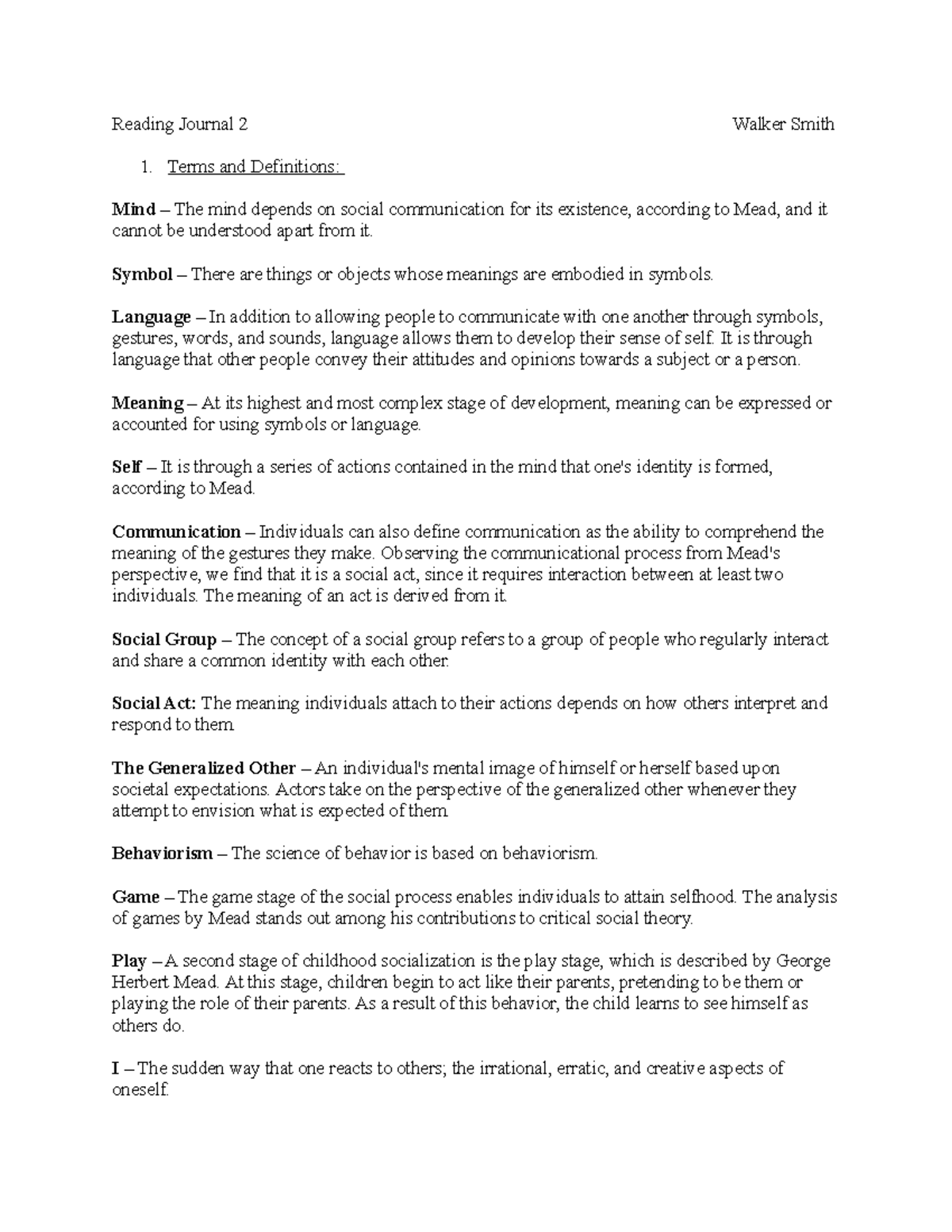 Reading Journal 2 (SOC 405) - Reading Journal 2 Walker Smith Terms and Definitions: Mind – The ...