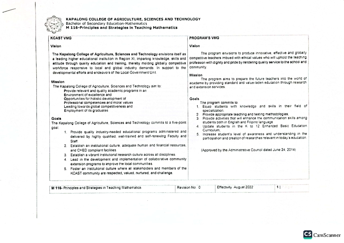 M 116 Principles and Strategies in Teaching Mathematics - BSEd Mathematics - Studocu