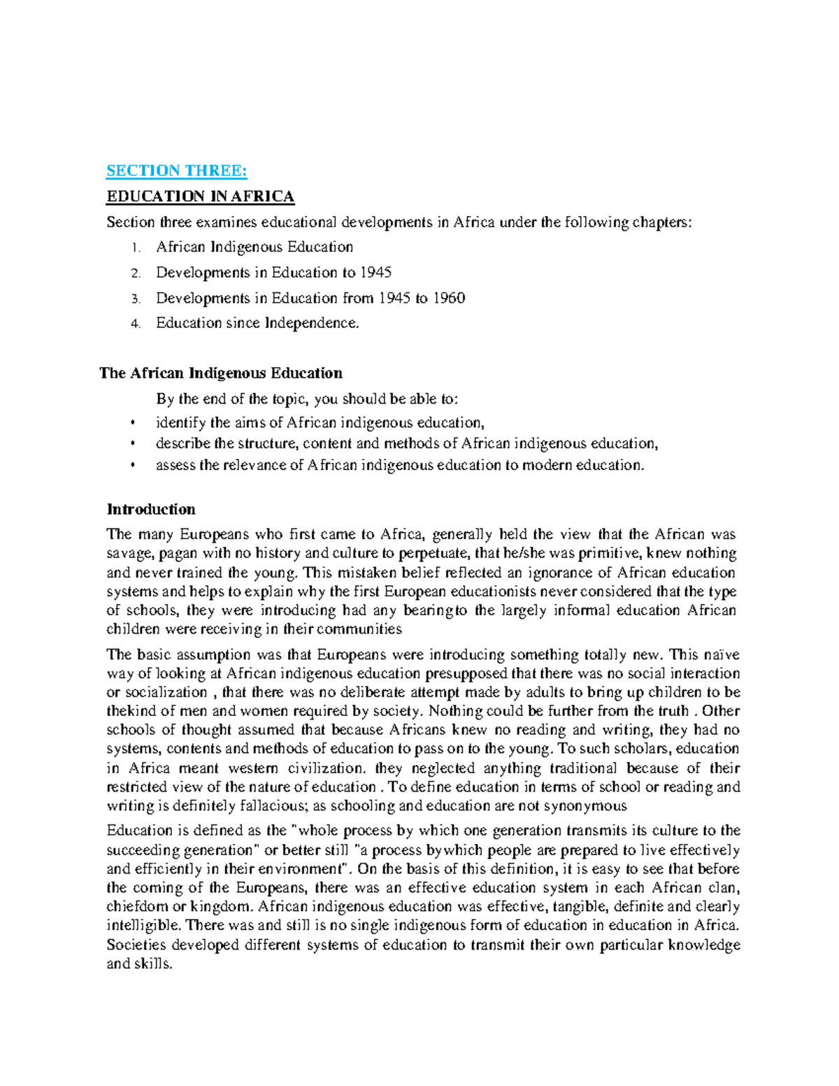 African indigenous education in history - SECTION THREE: EDUCATION IN ...