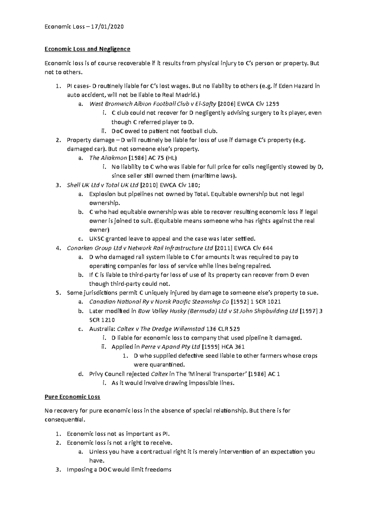 Economic Loss Lecture Notes for Warwick - Economic Loss and Negligence ...