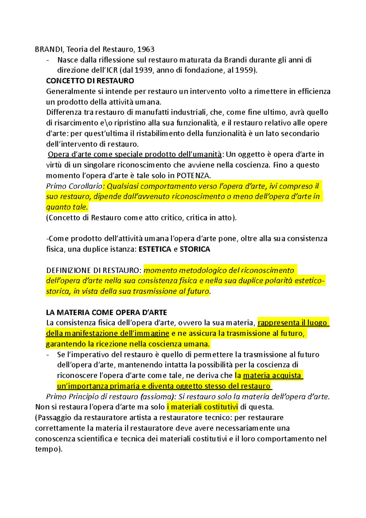 La teoria di Cesare Brandi riassunto - BRANDI, Teoria del Restauro ...