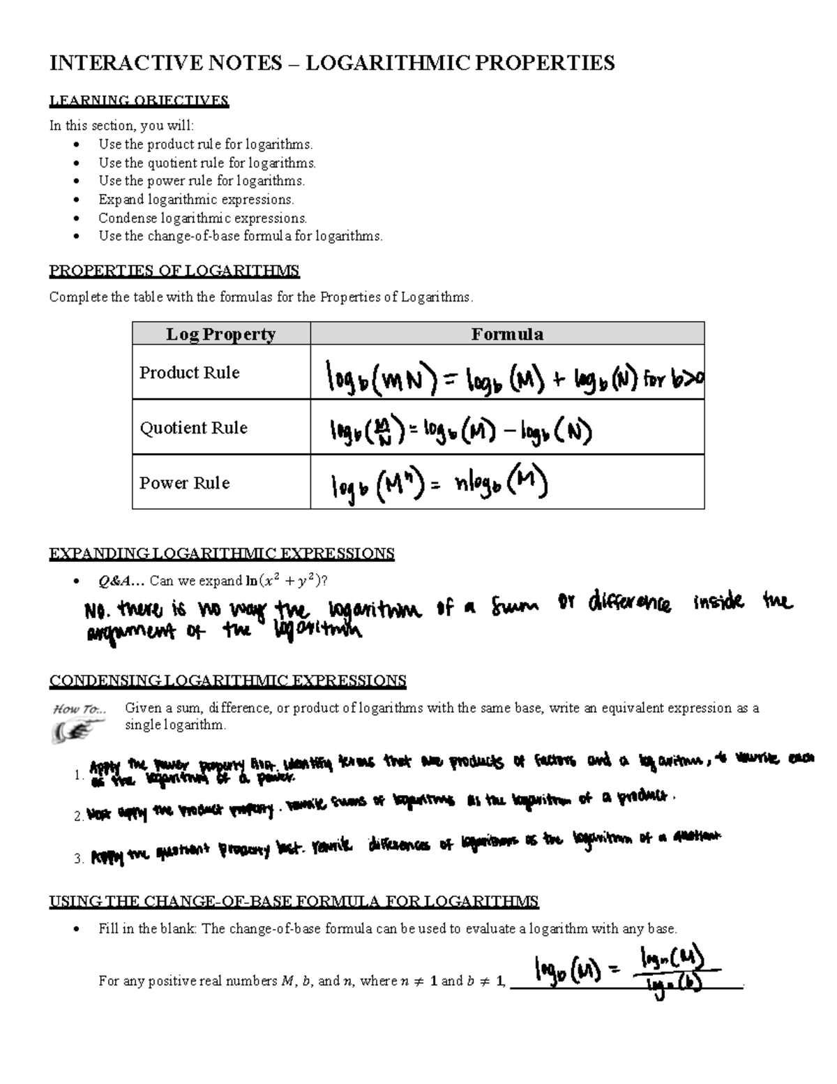 Interactive Notes 9 - INTERACTIVE NOTES – LOGARITHMIC PROPERTIES ...