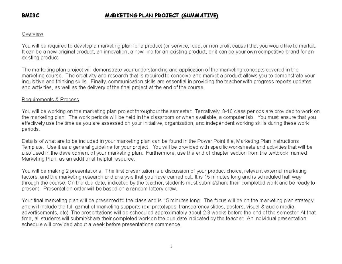 01 - Marketing Plan Project - Overview You will be required to develop ...