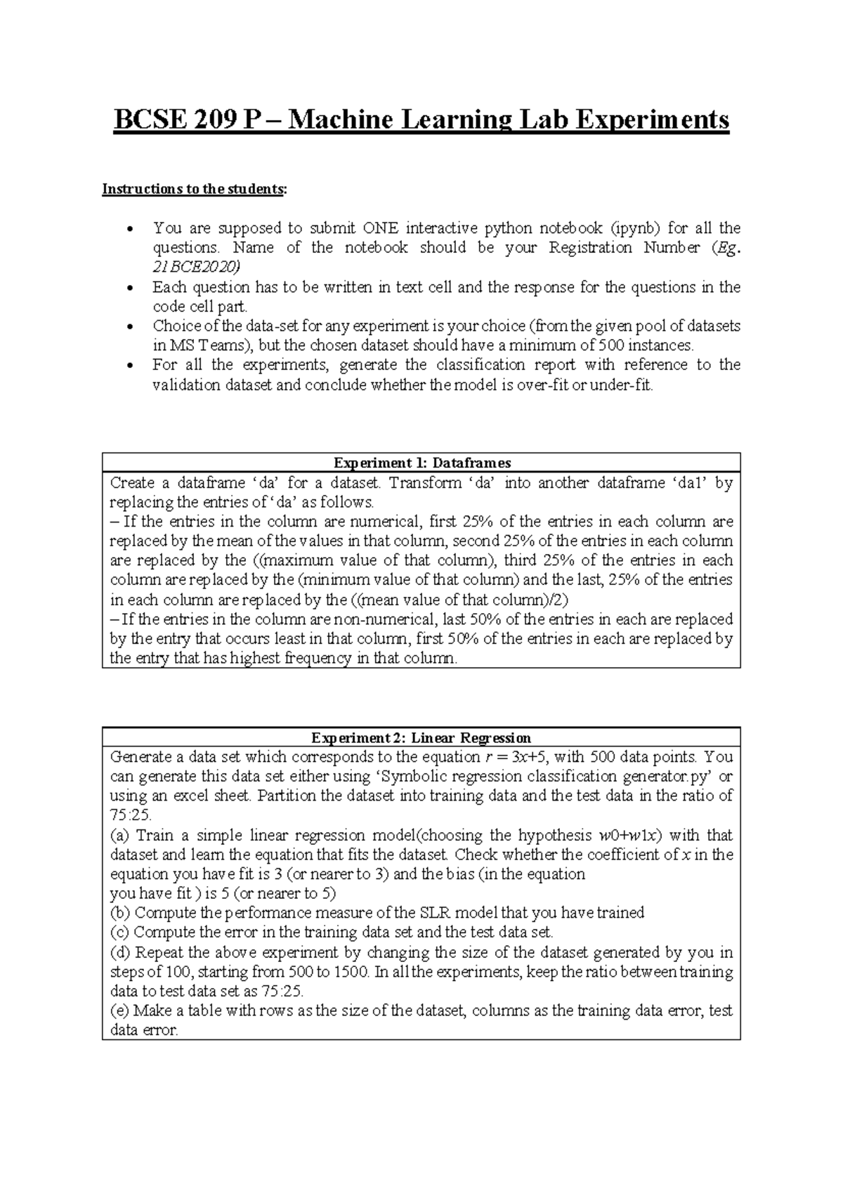 Ml Lab Experiments Notes Bcse 209 P Machine Learning Lab Experiments Instructions To The