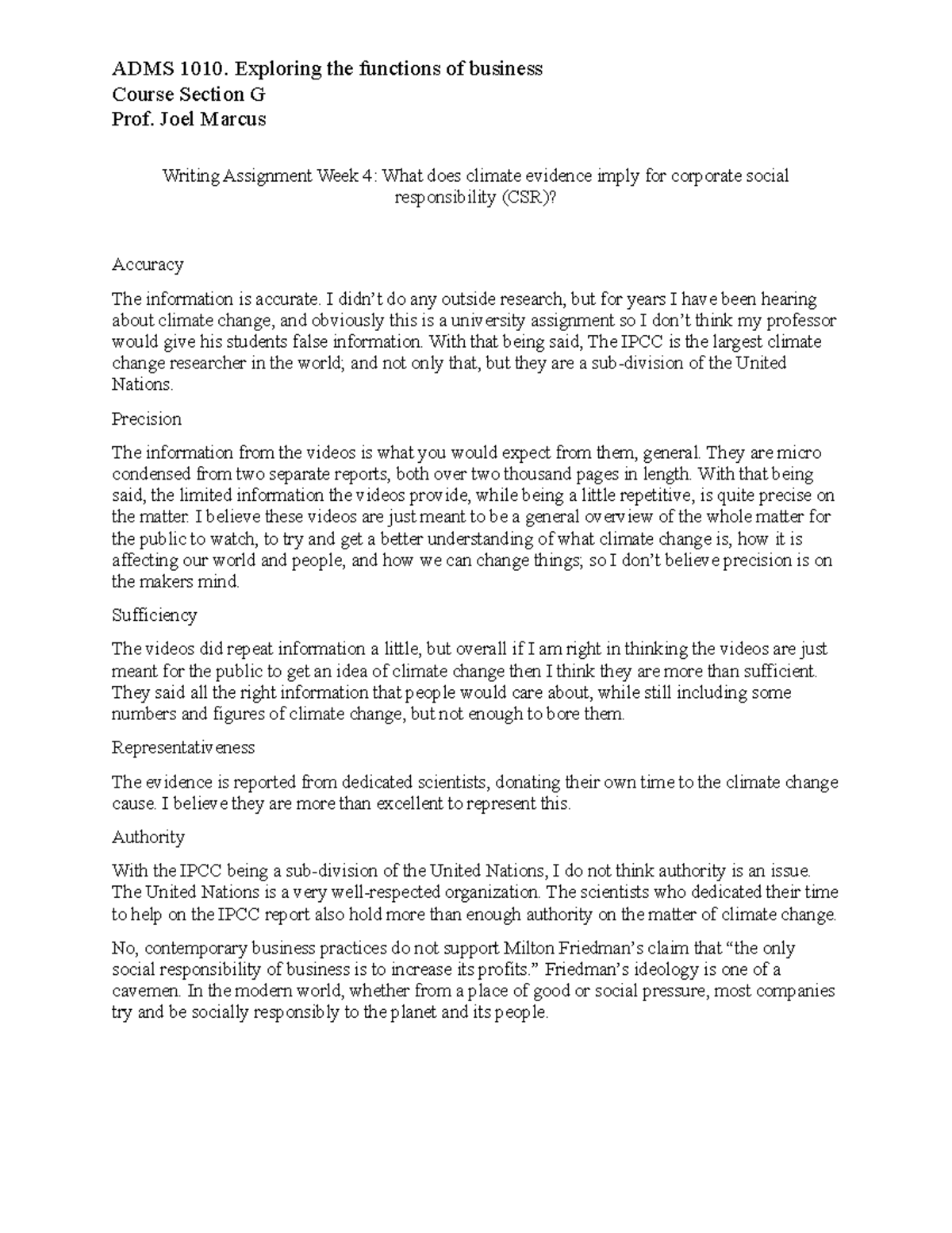 Week 4 writing assignment - ADMS 1010. Exploring the functions of business Course Section G Prof ...