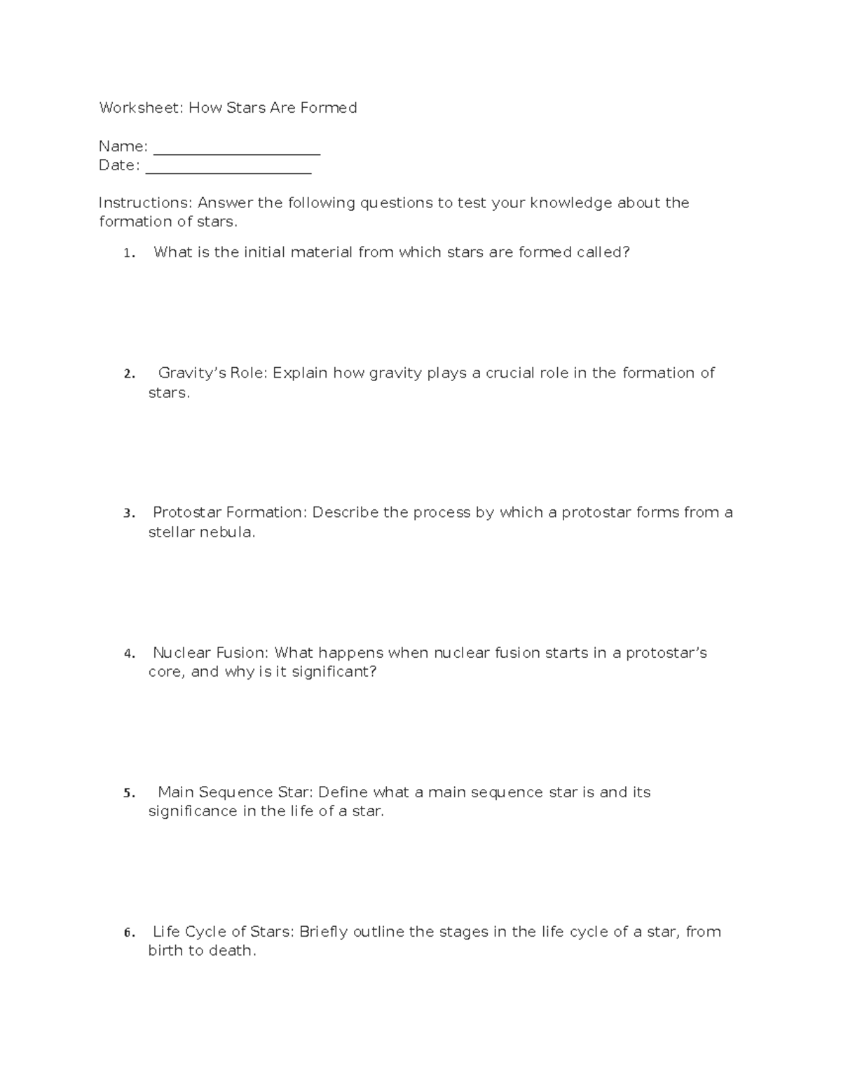 Formation of a Star WSk - Worksheet: How Stars Are Formed Name ...