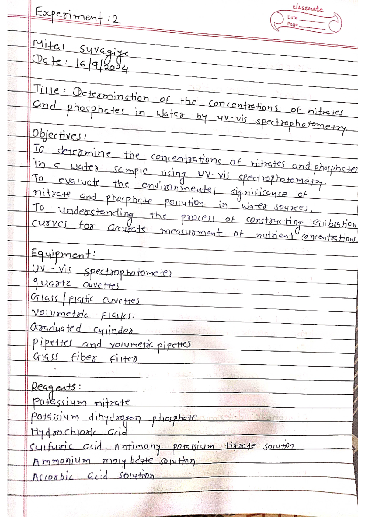 Ana pre lab 2 - Analytical pre lab 2 - classmate Experiment Date Page ...