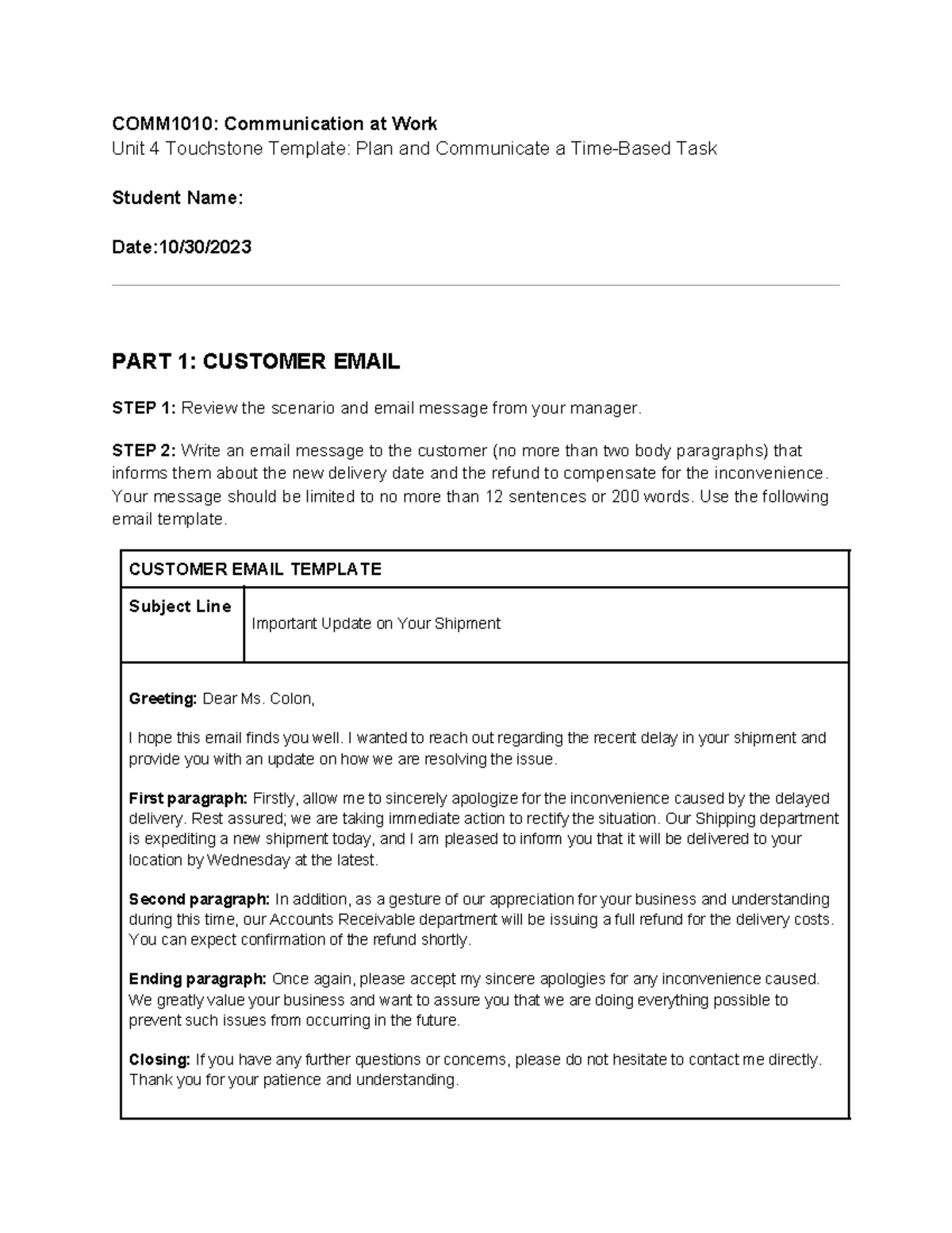 Template for Unit 4 Touchstone - Communication at Work - COMM1010 ...
