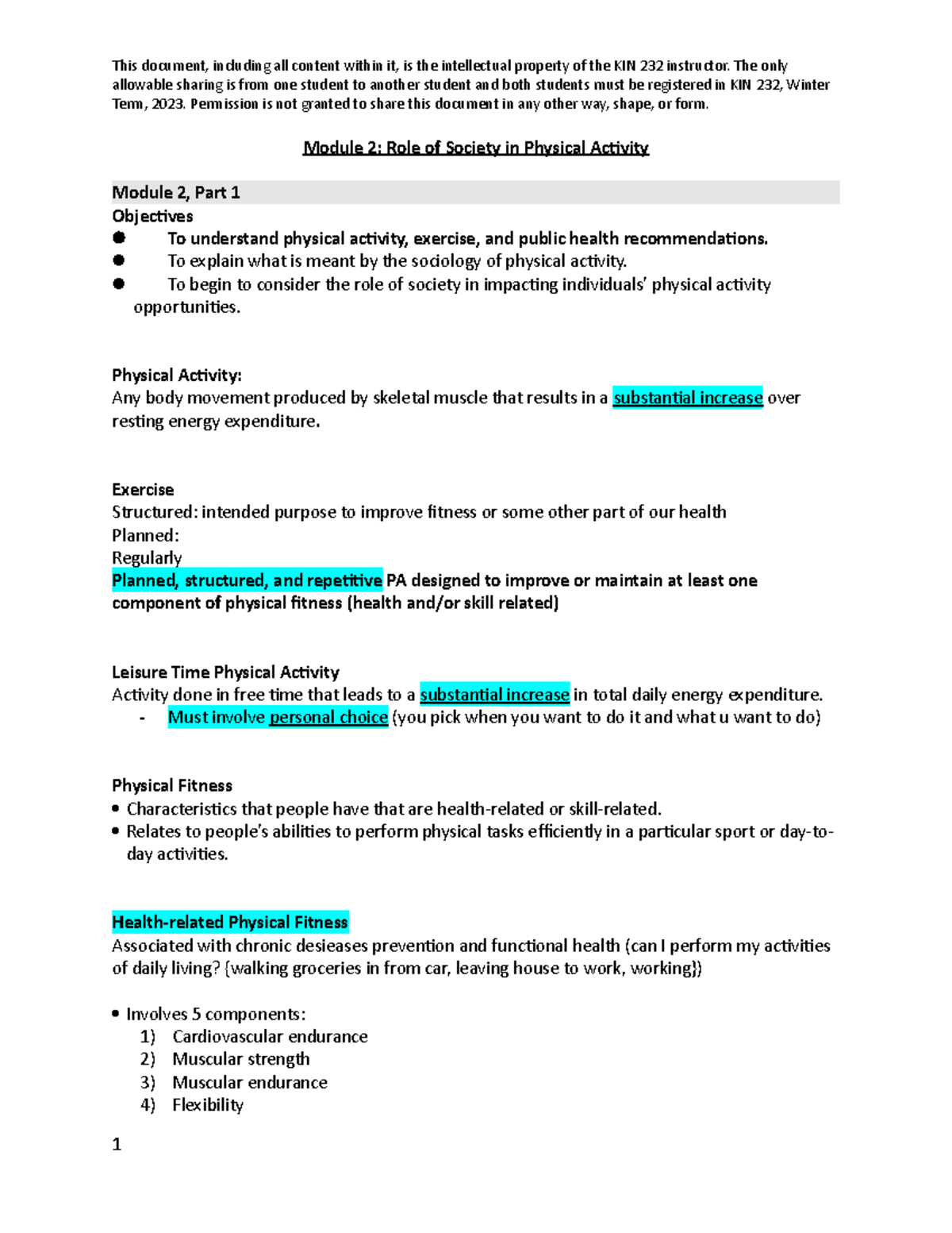 Module 2 Notes - Kin 232 - allowable sharing is from one student to ...