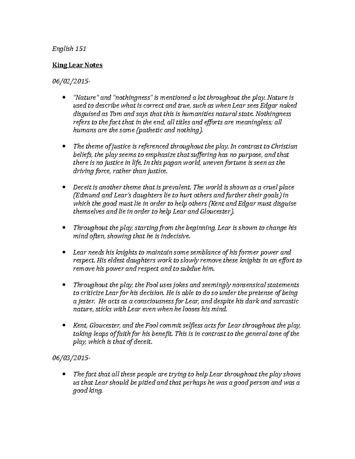 King Lear class notes - English 151 King Lear Notes 06/02/2015- “Nature ...