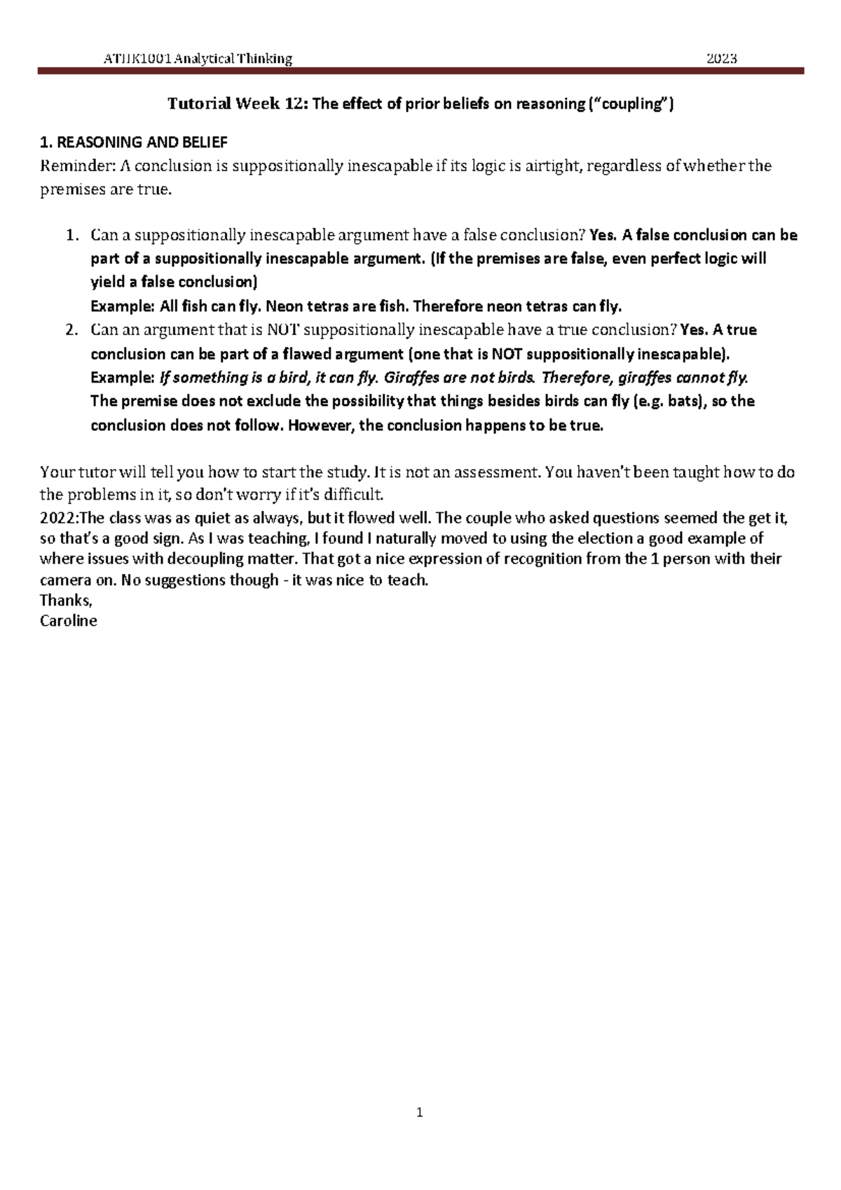 ATHK1001 w12 belief Coupling 2023with Answers-1 - Tutorial Week 12 : The effect of prior beliefs ...