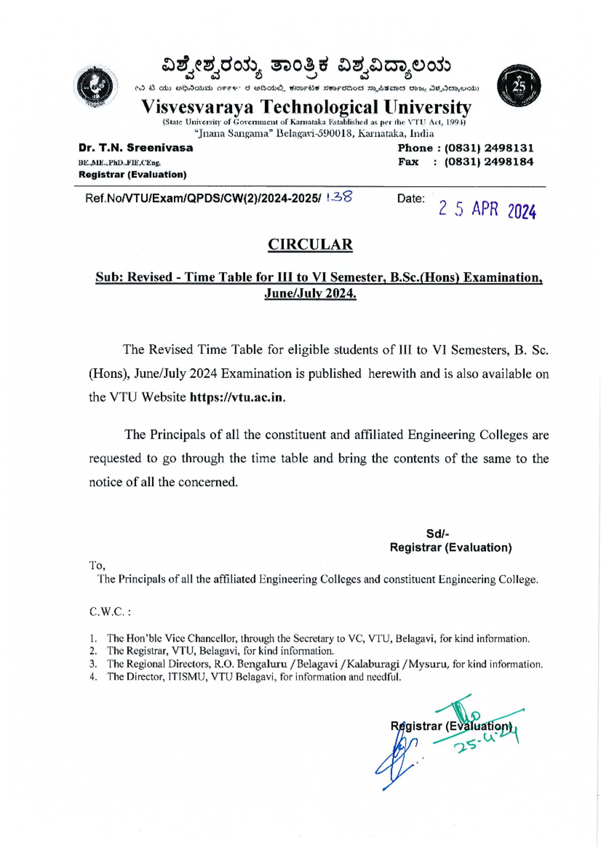Revised BSc IV VI Jun24 - timetable - VTU 4 & 6 Sem TimeTable - Studocu
