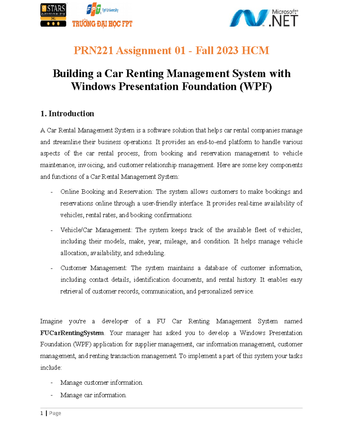 Assignment 01 Fall2023 - PRN221 Assignment 01 - Fall 2023 HCM Building a Car Renting Management ...