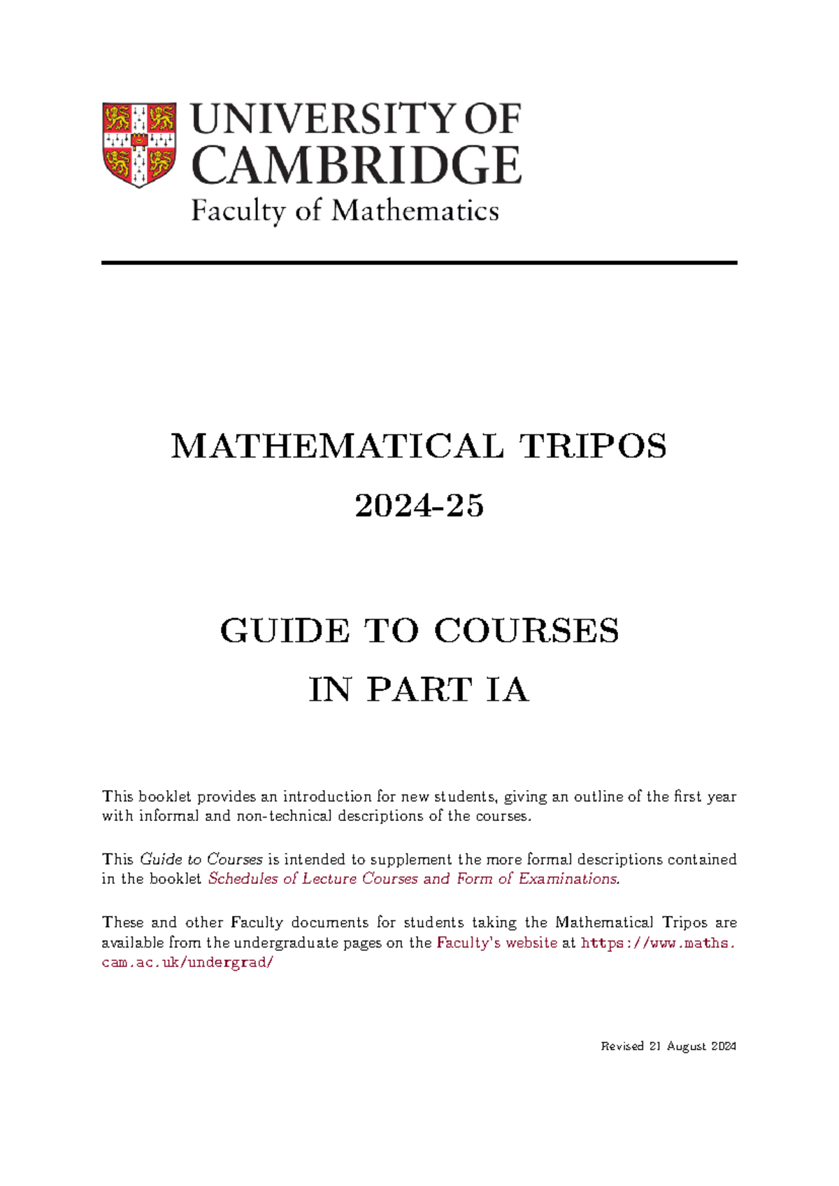 Courses IA - notes - MATHEMATICAL TRIPOS 2024- GUIDE TO COURSES IN PART ...