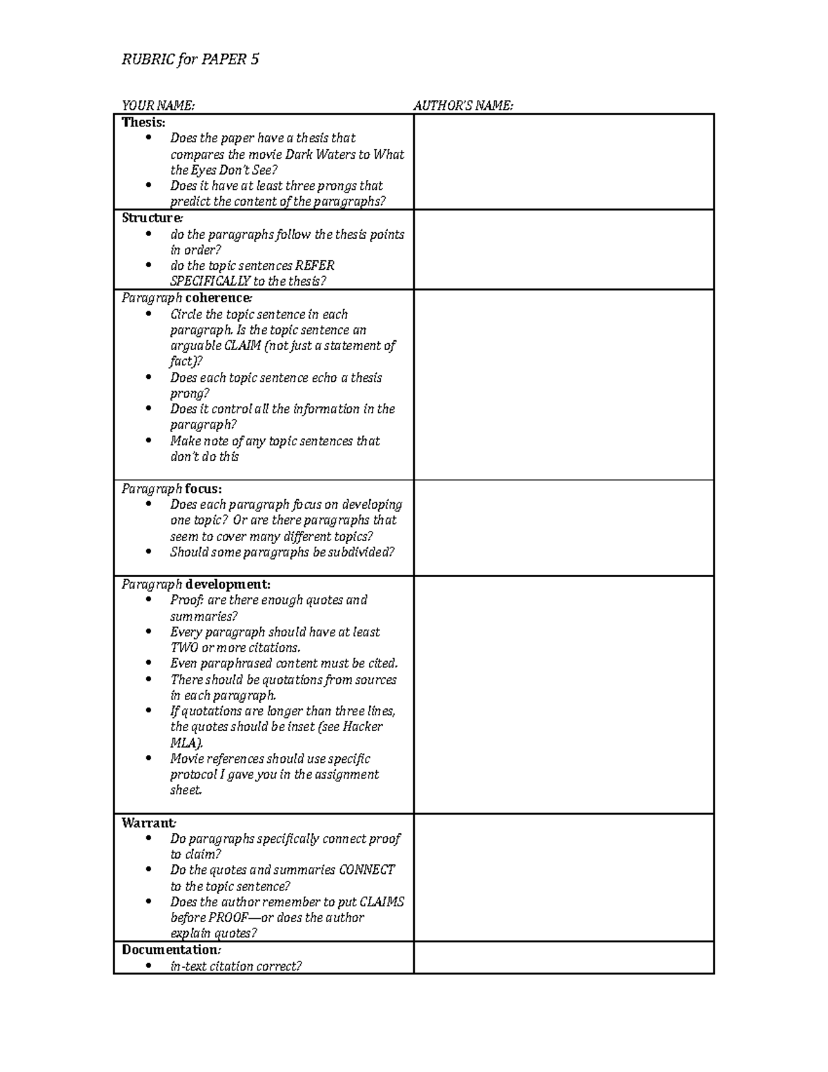 Paper 5 rubric - notes/answers - RUBRIC for PAPER 5 YOUR NAME: AUTHOR’S ...