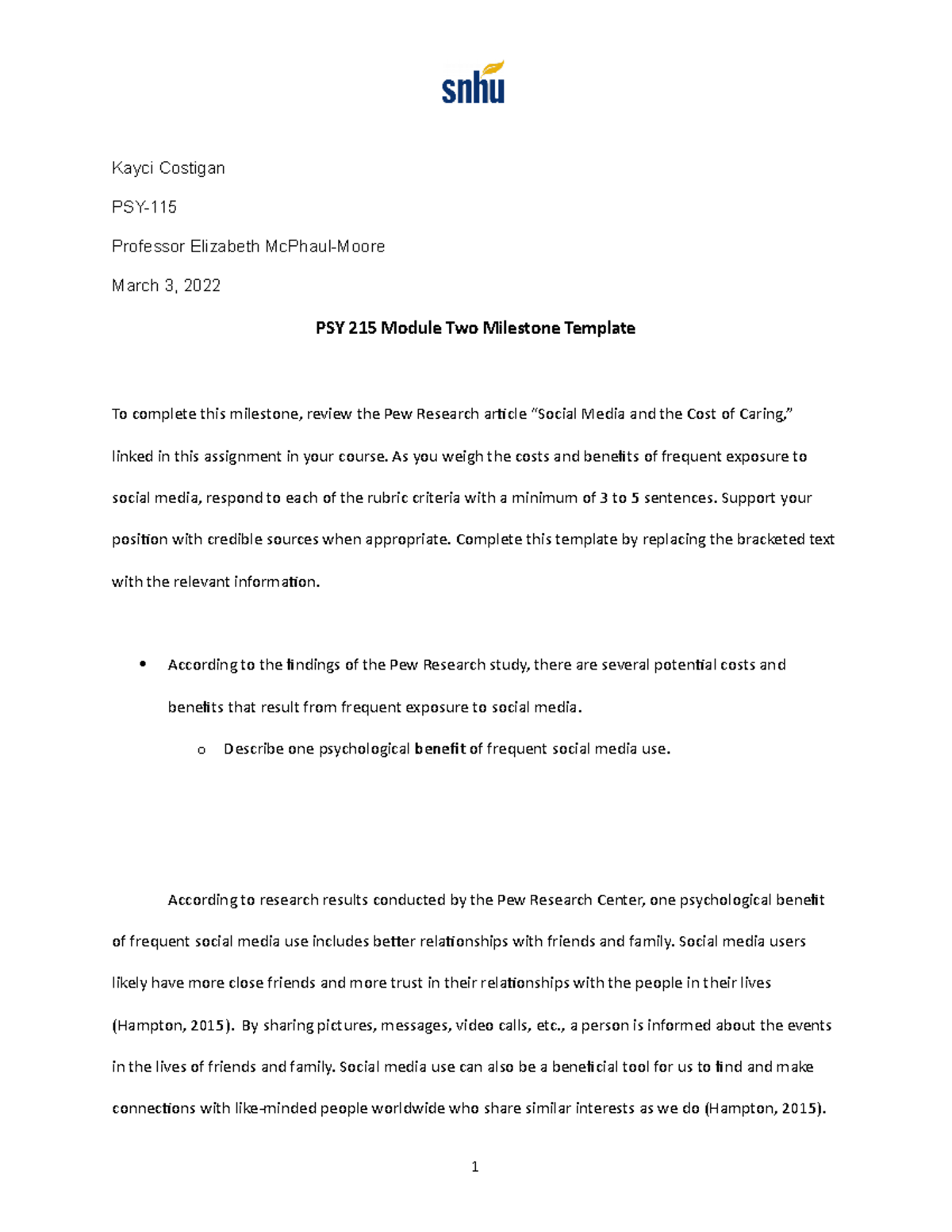 PSY 215 Module Two Milestone Template - Psy-215 - SNHU - Studocu