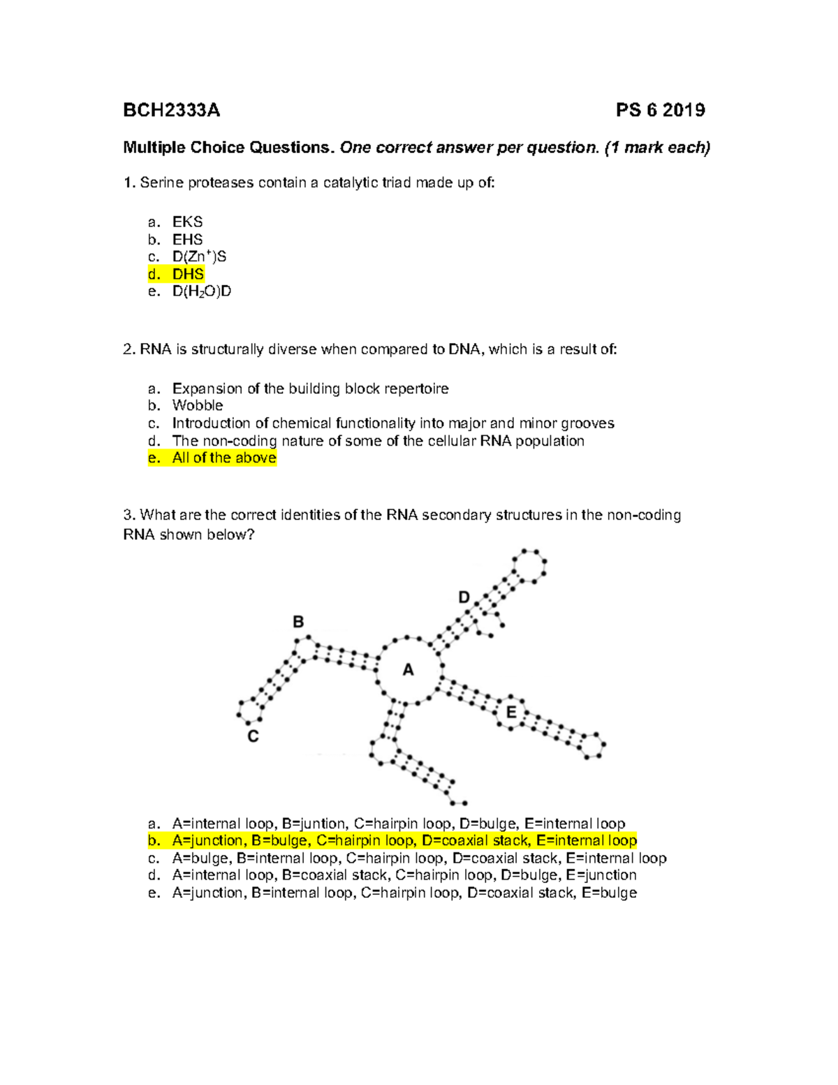 PS 6 Answer Key.pdf - BCH2333A PS 6 2019 Multiple Choice Questions. One ...