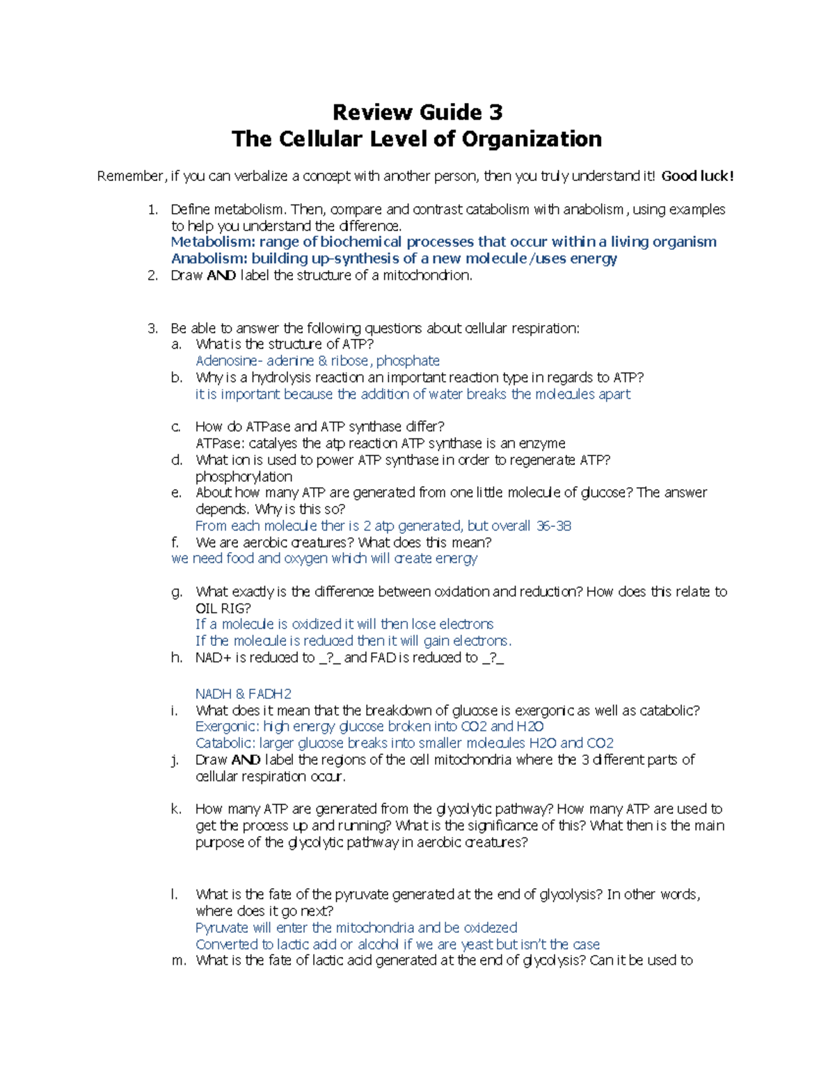 Review Guide 3 The Cellular Level Of Organization - Review Guide 3 The ...