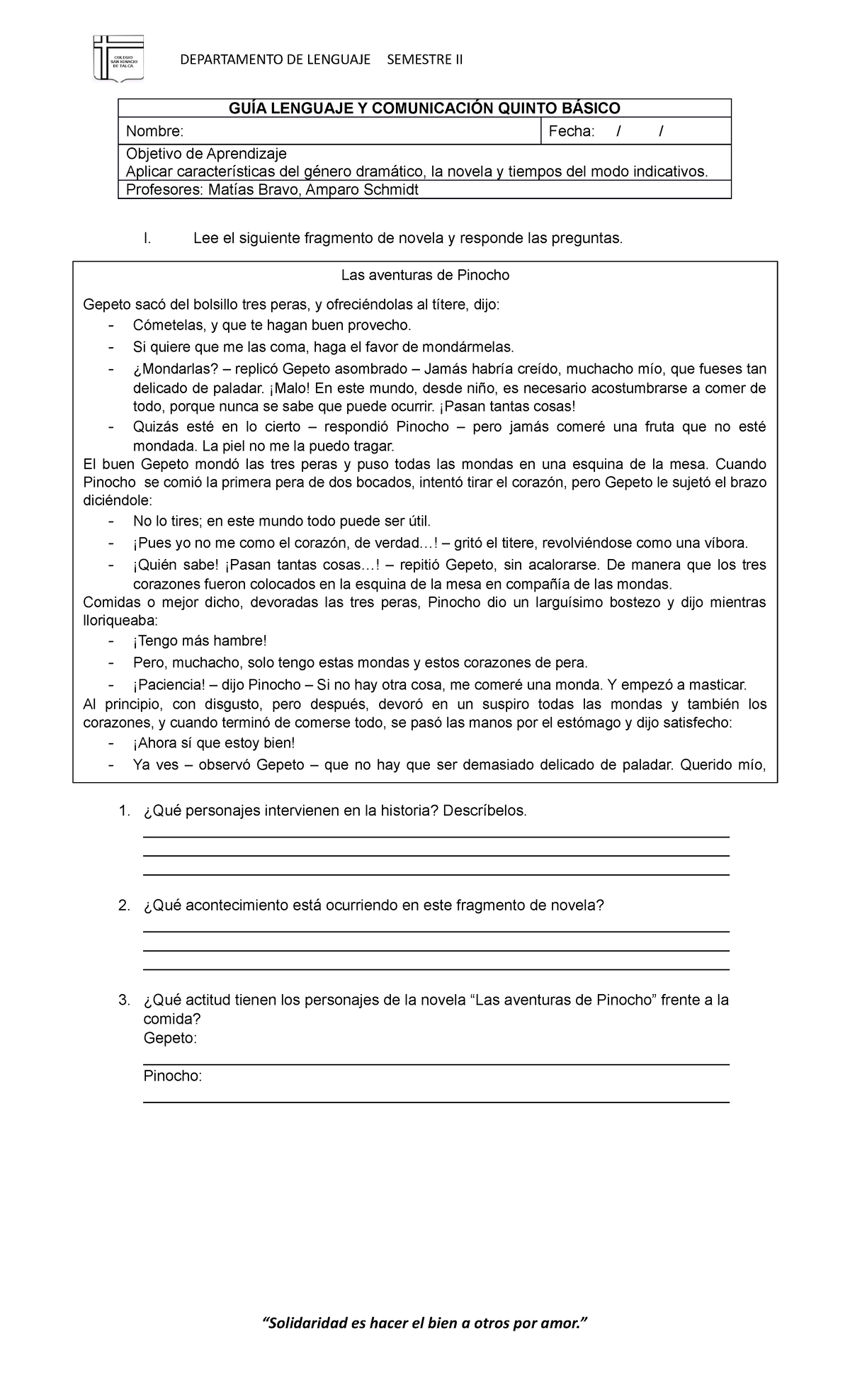 5º Guía - Novela, Obra Dramática y Modo Indicativo - GUÍA LENGUAJE Y ...