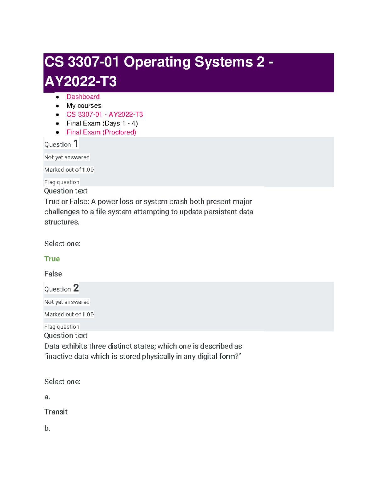 Cs 3307 Final Exam Cs Operating Systems 2 Dashboard My Courses Cs Final Exam Days 1 4 Final
