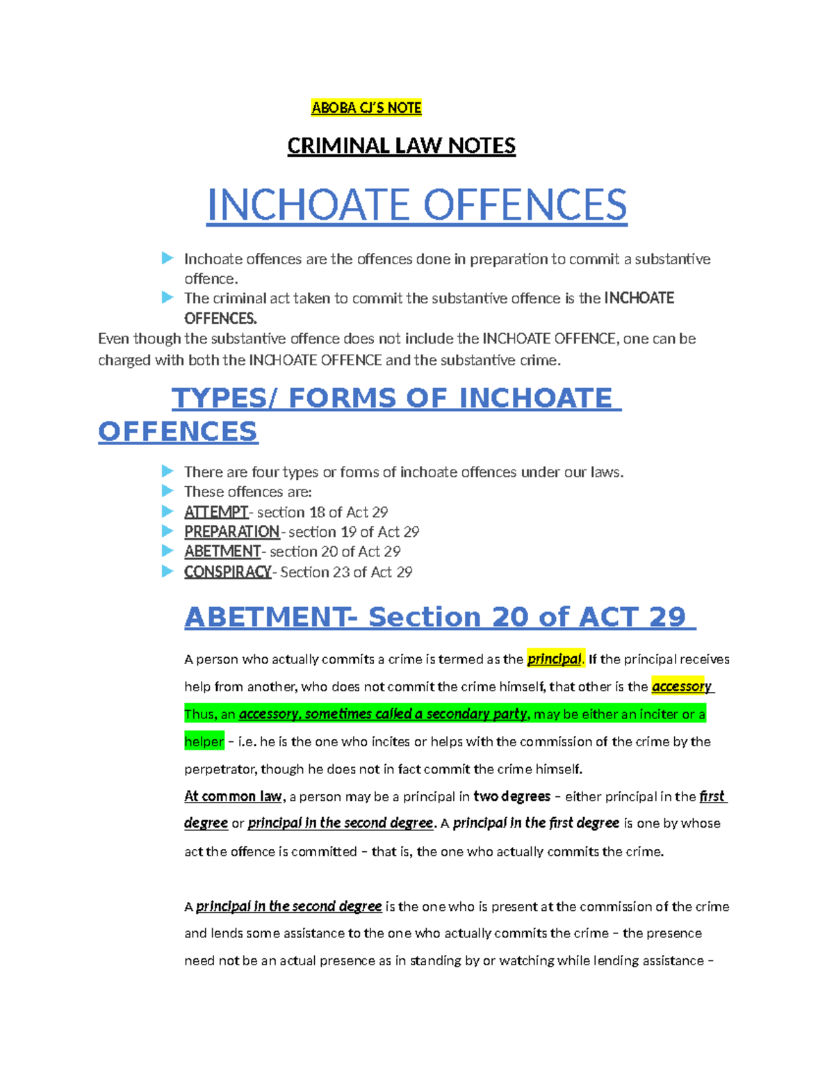 Criminal LAW Notes Final - ABOBA CJ′S NOTE CRIMINAL LAW NOTES INCHOATE ...