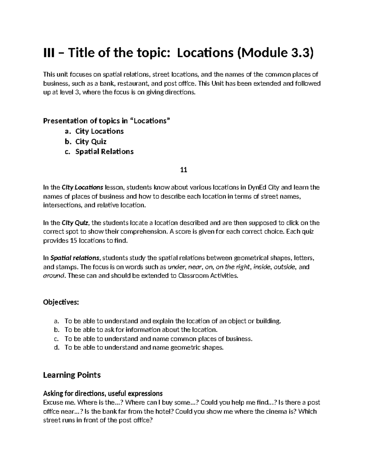Activity-4 - City location - III – Title of the topic: Locations ...